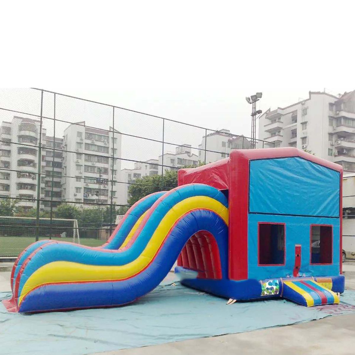 Rainbow Kids Bounce House With Big Slide - 28ft Long, Removable Panels ...